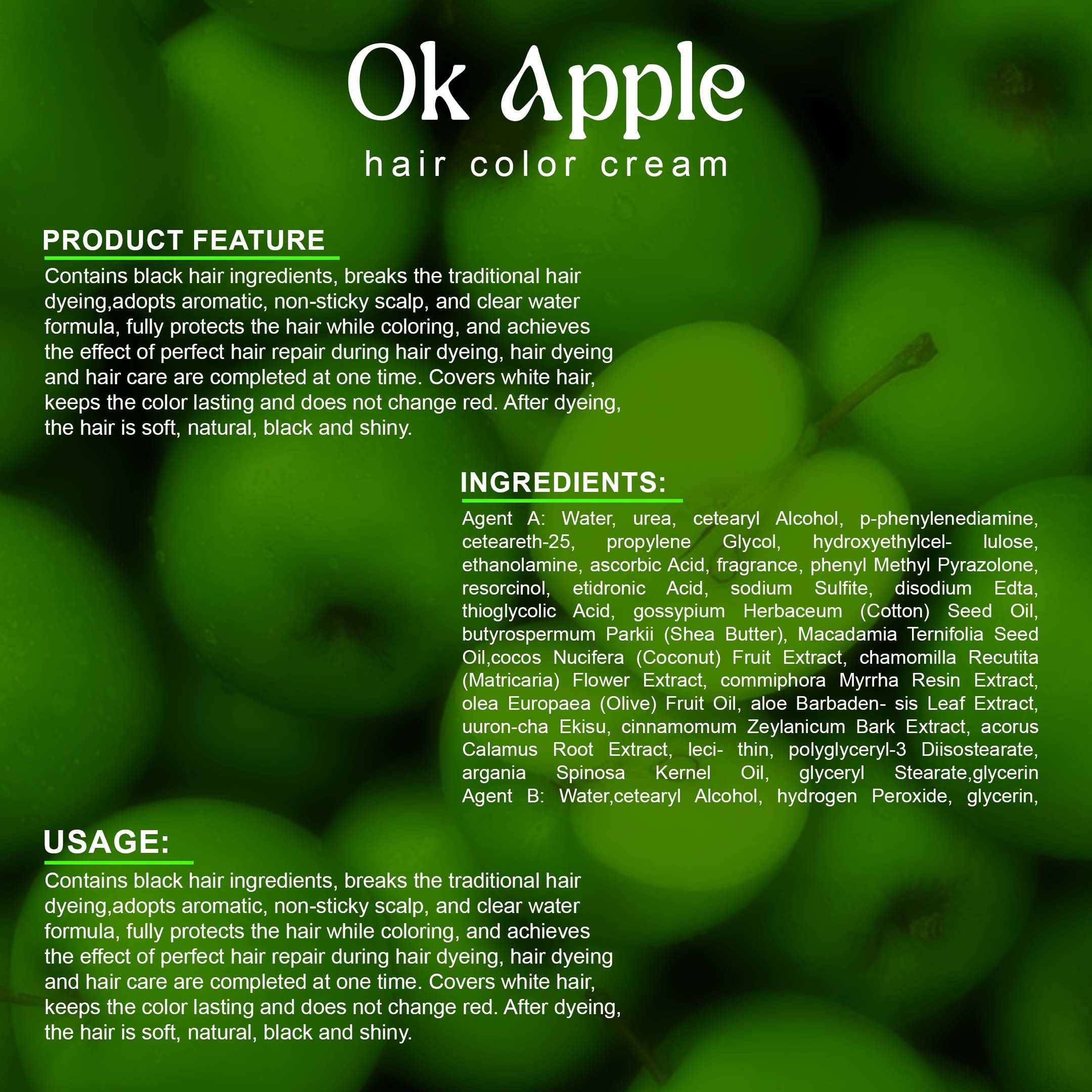 Ok Apple Ammonia Free Black Hair Cream - Saada International